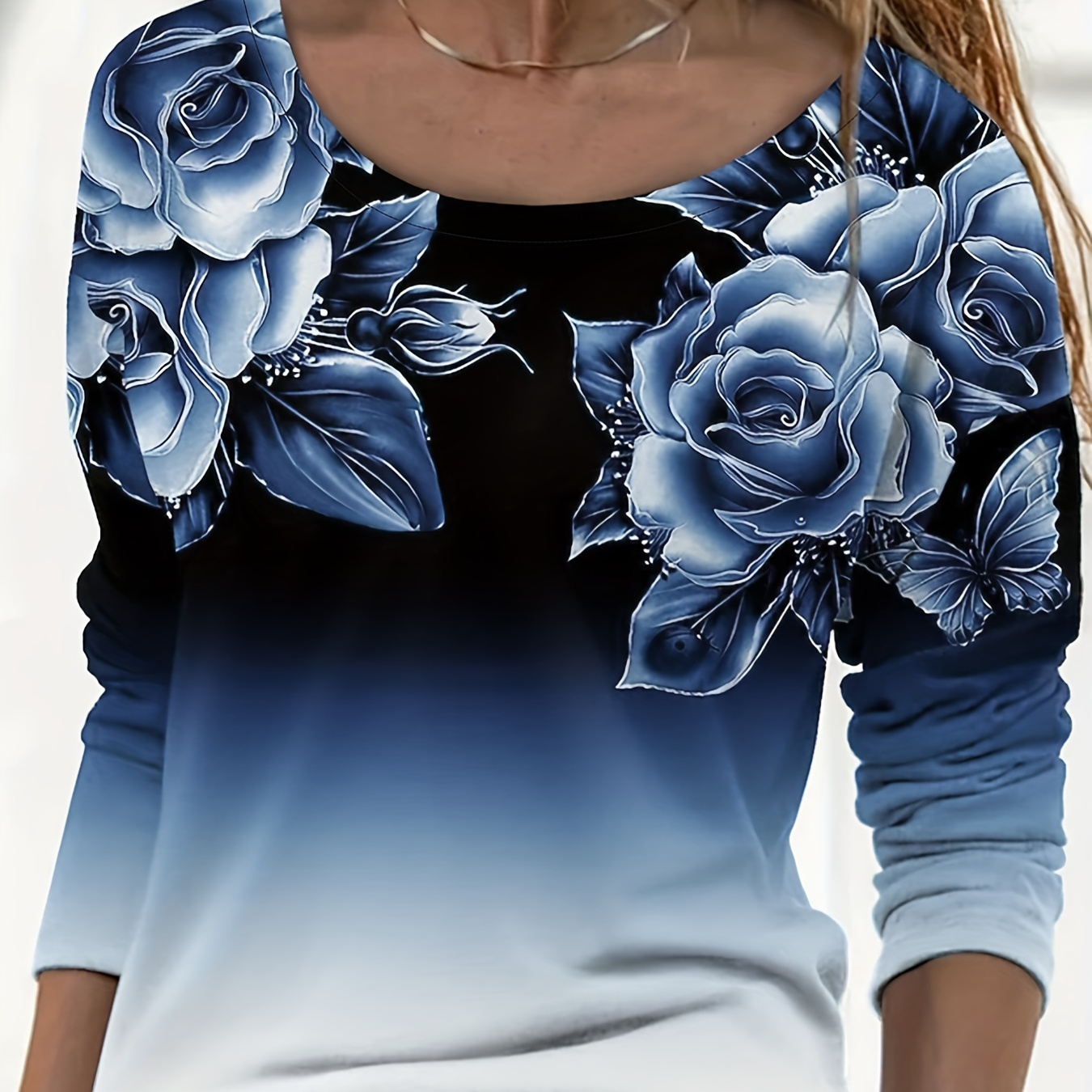 Plus Size Casual Top Womens Plus Floral Print Ombre Long Sleeve Round