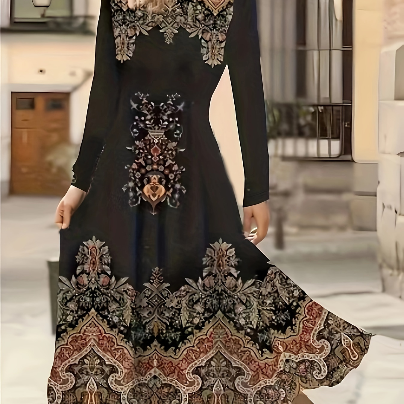 Plus Newspaper Pattern Long Sleeve Casual Dress, Elegant Shirt Dress ...