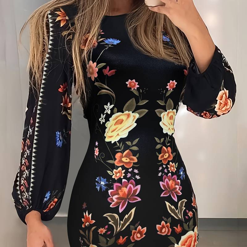 Floral Print 34 Sleeve Dress Elegant Crew Neck Midi Dress Womens