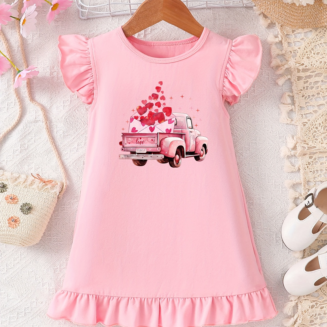 봄과 여름을 위한 아기 소녀들을 위한 캐주얼하고 우아한 약간의 신축성 있는 크루 넥 러플 트림 면 드레스 도심복과 일상 생활을 위한 유아 소녀들의 옷 아동 패션 Temu