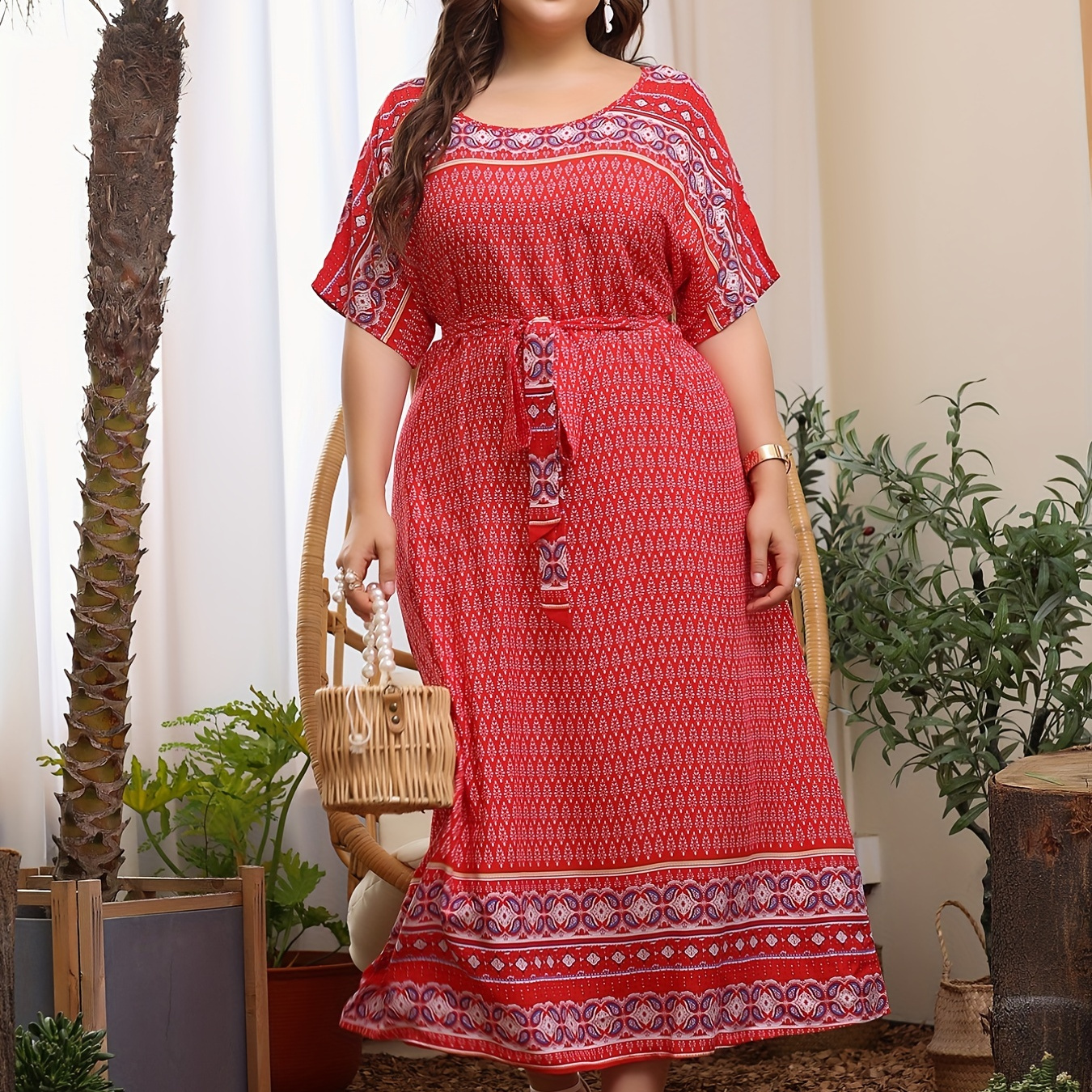 Robe Bohème Taille, Robe Longue À Manches Courtes Et Col Rond Pour ...