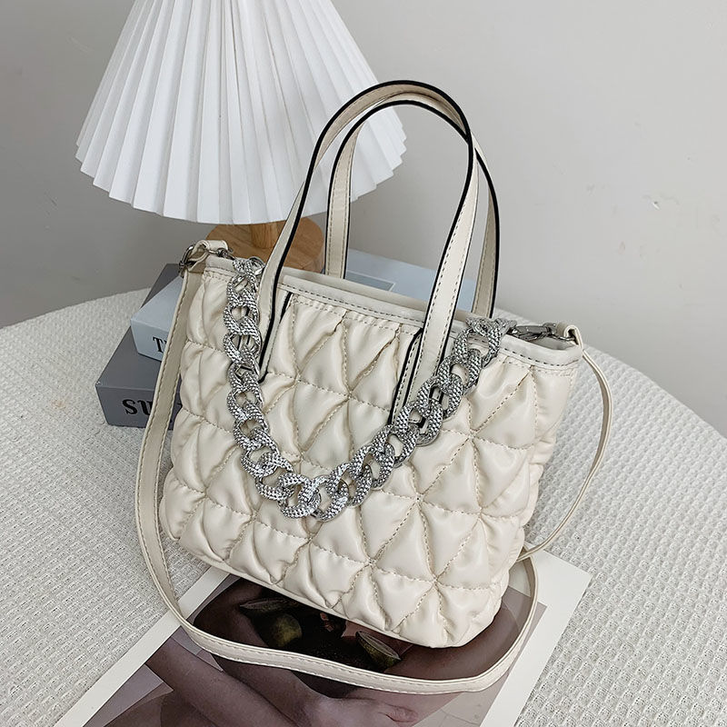 Argyle Quilted Tote Bag Chain Decor Top Handle Purse Stylish Zipper ...