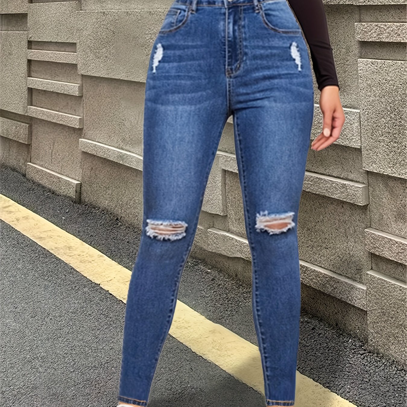Ripped Whiskering High Denim Pants High Stretch - Temu United Kingdom