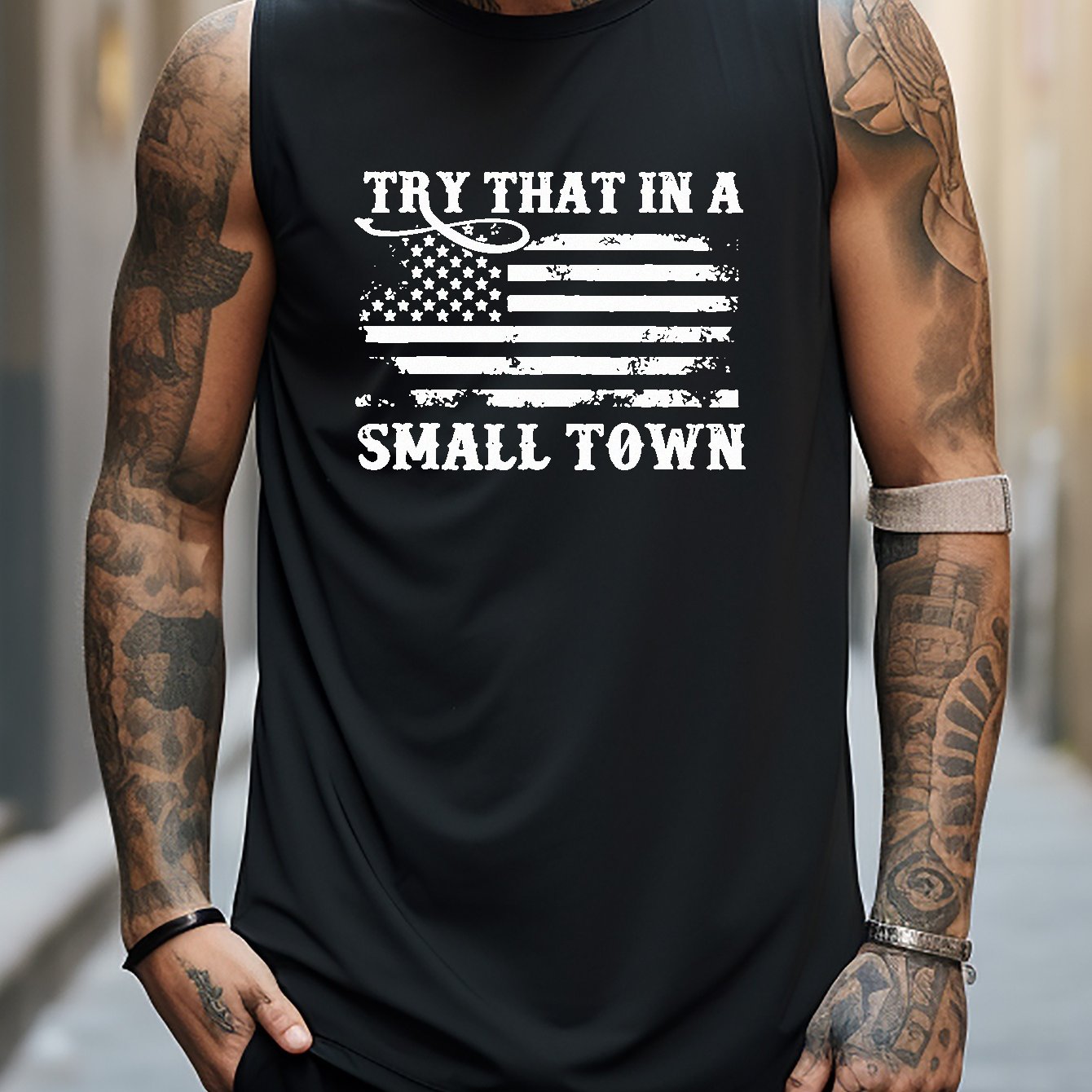Try In A Small Town Print Sleeveless Tank Top Men's Active - Temu ...