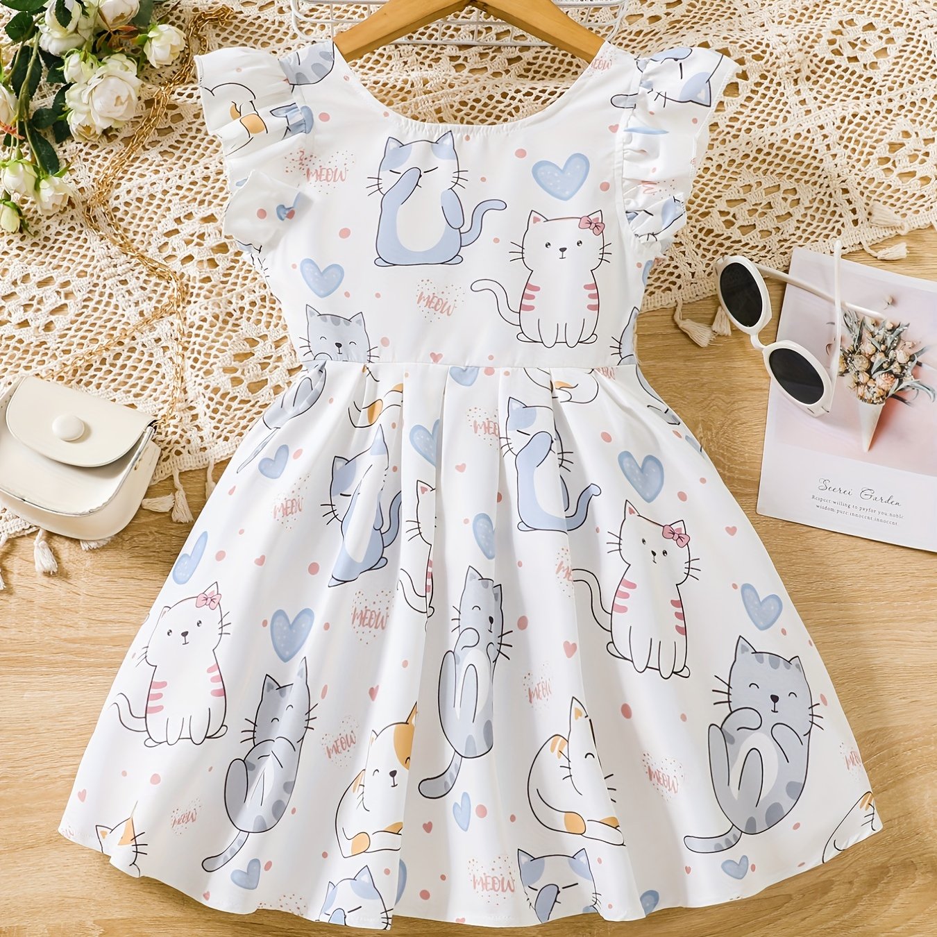 Toddler Girls Ruffle Trim Cute Cartoon Cat Graphic Backless - Temu Ireland