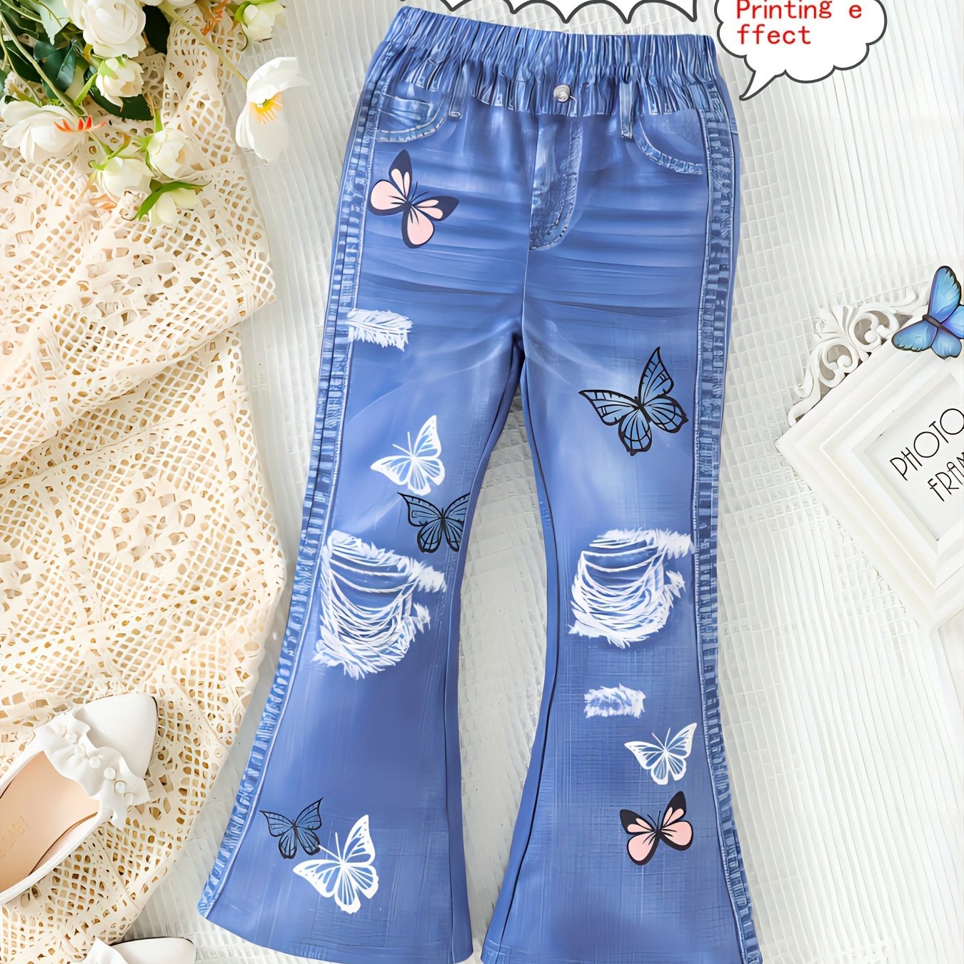 Girls Denim Effect Butterflies Digital Print Flare Leg Pants - Temu ...