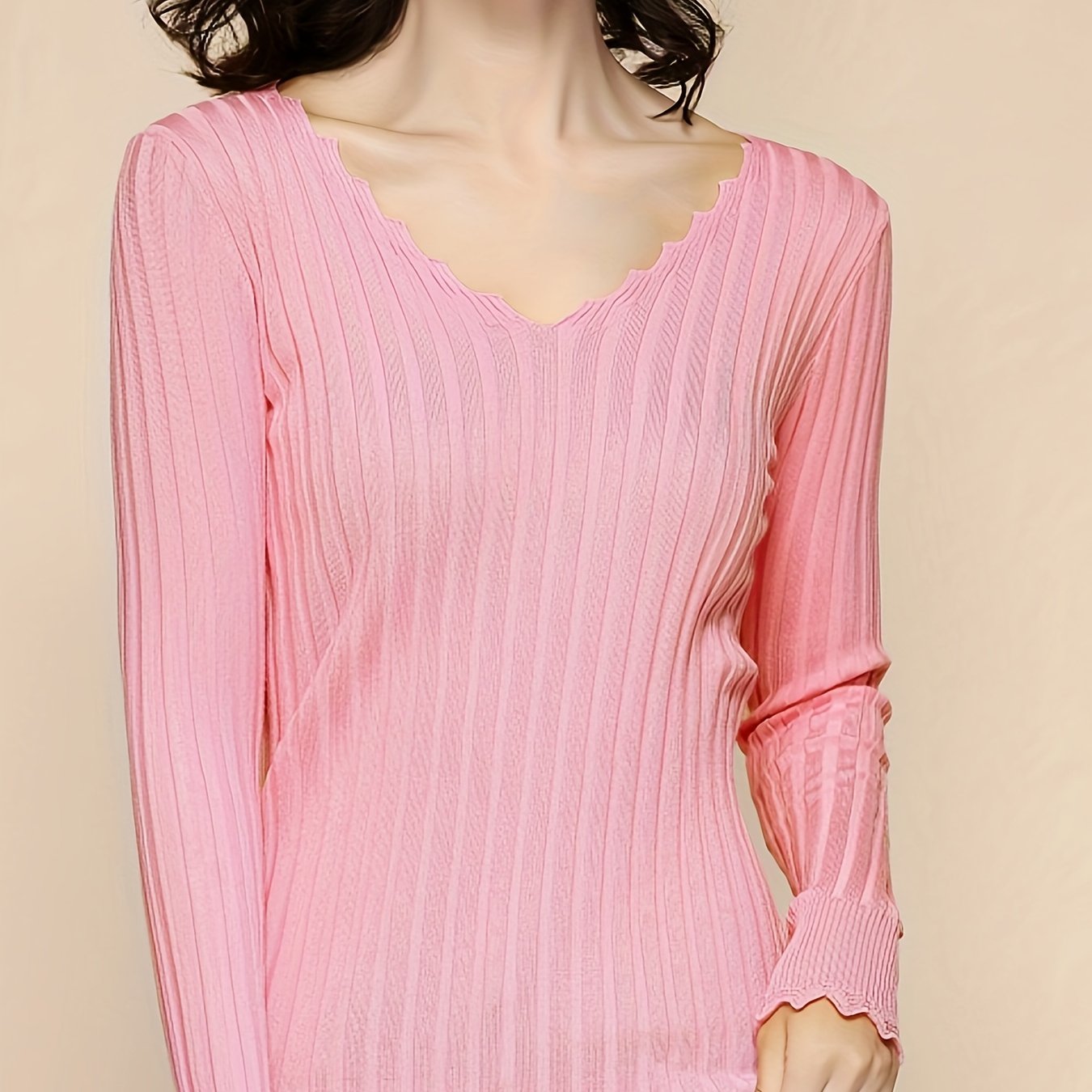 Solid V Neck Knit Sweater Elegant Long Sleeve Pullover - Temu Canada