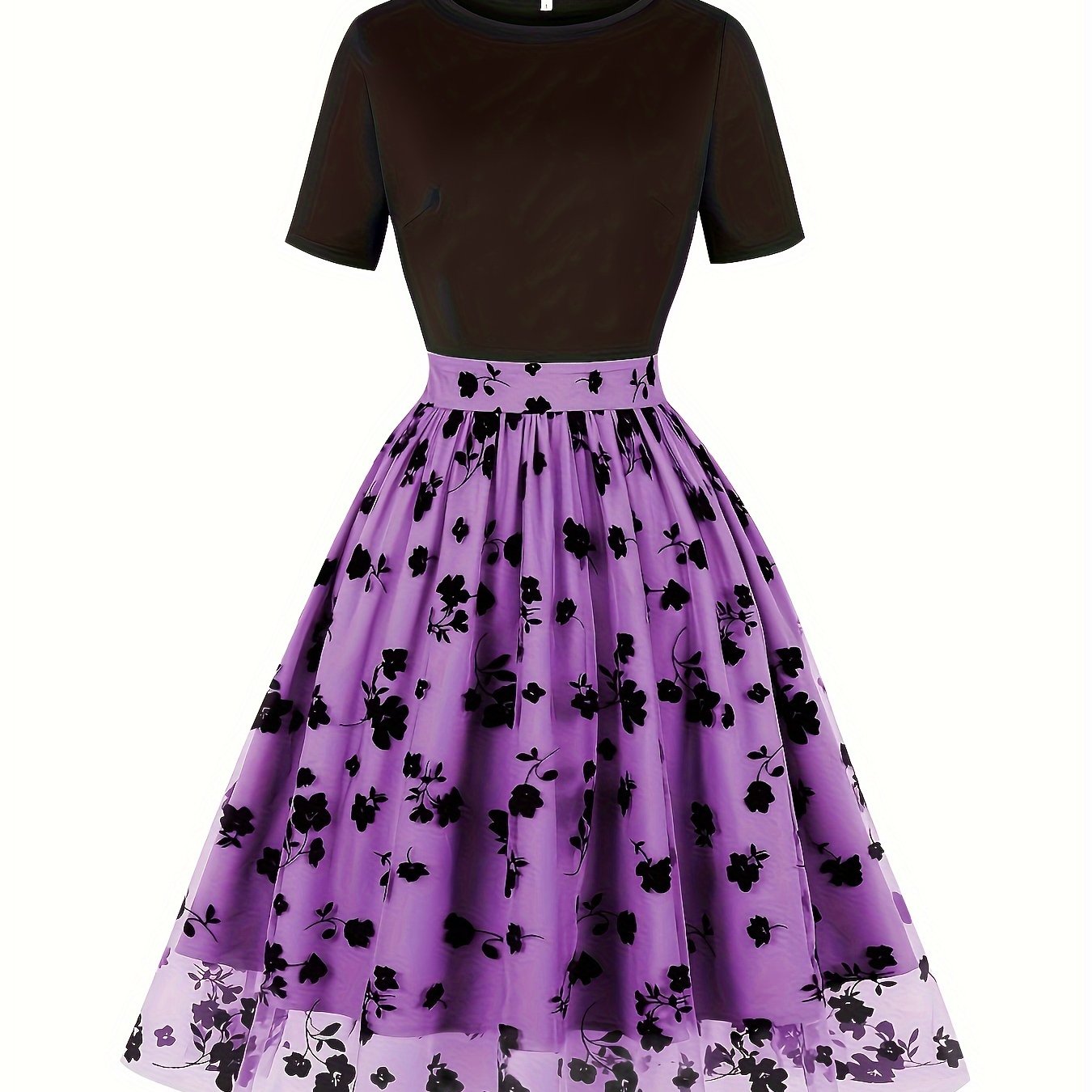 Floral Print Contrast Mesh Splicing Dress Elegant Crew Neck - Temu United Kingdom