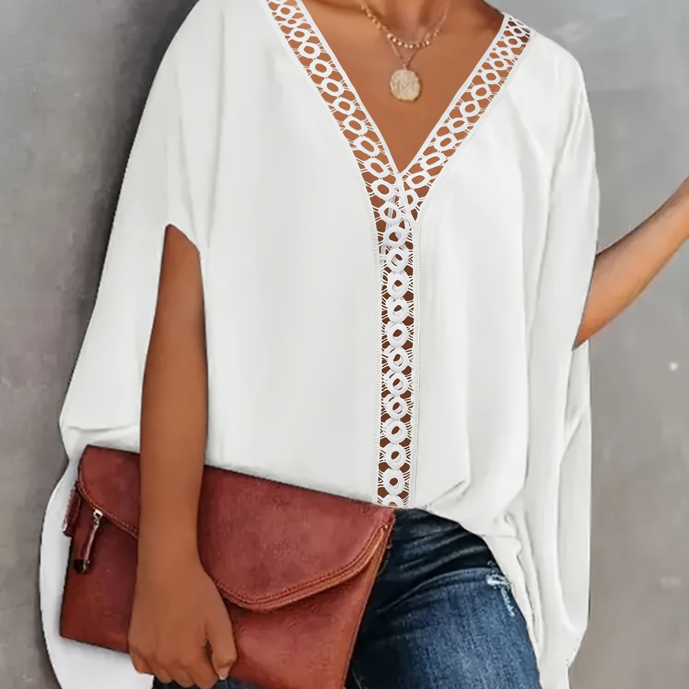 Contrast Trim V Neck Blouse Casual Cape Sleeve Blouse Spring - Temu ...