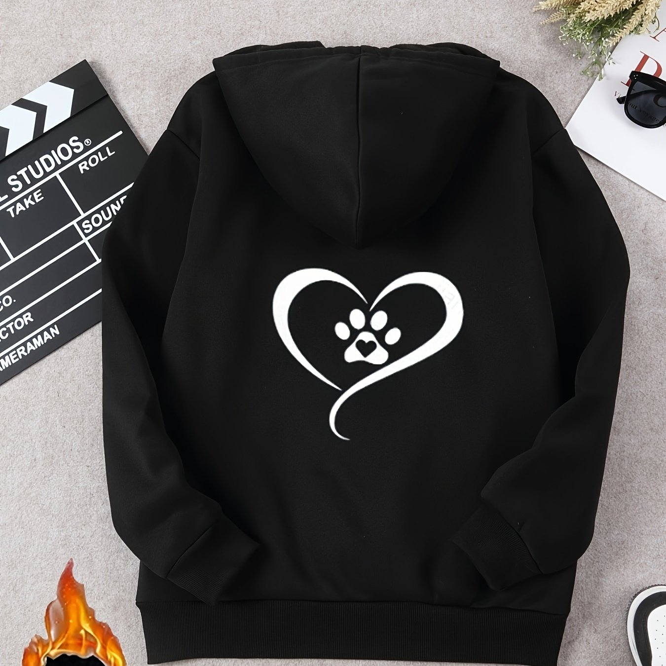 Paw Heart Print Casual Drawstring Hooded Sweatshirt Long - Temu Canada