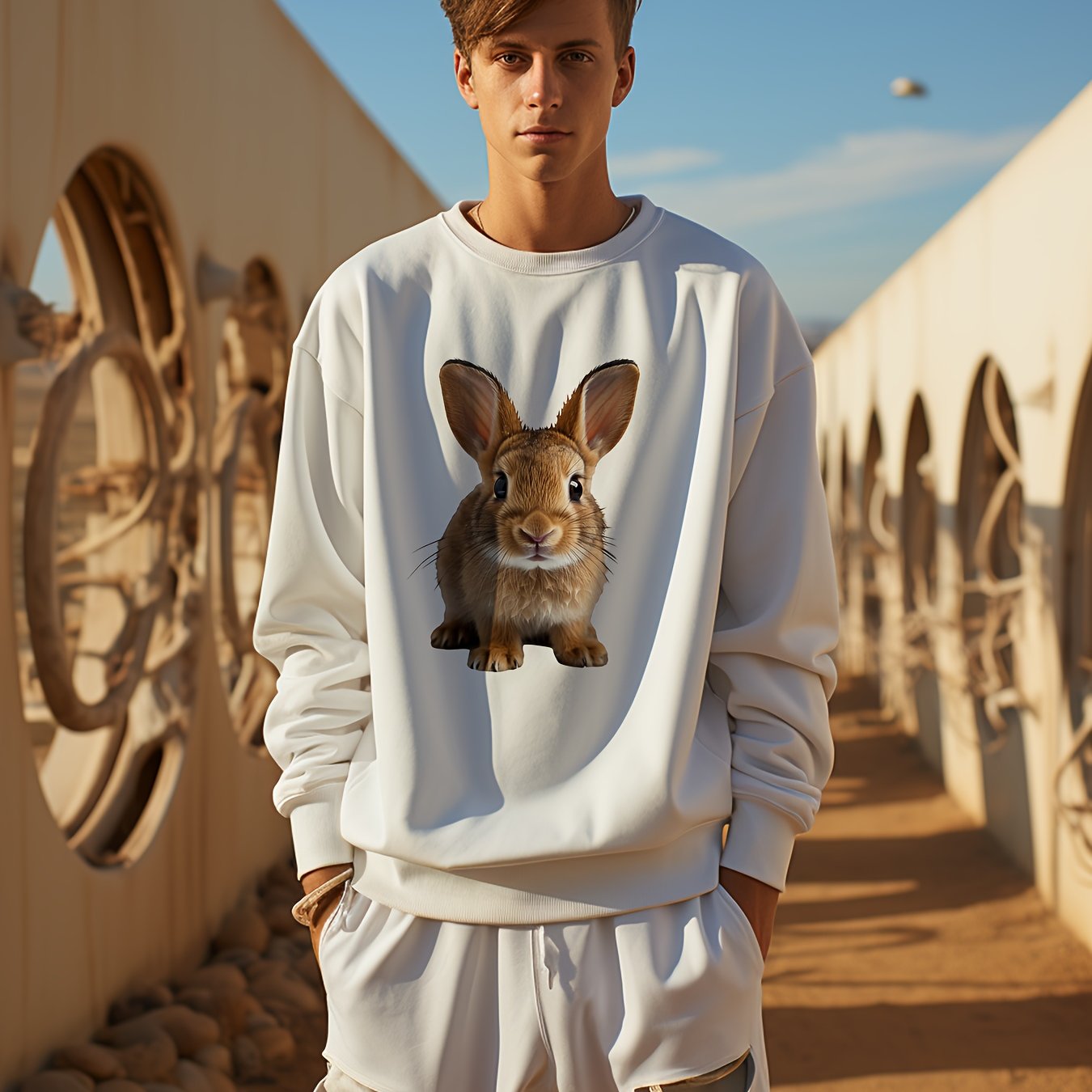 Cute Rabbit Print Fashionable Men's Casual Long Sleeve Crew - Temu Ireland