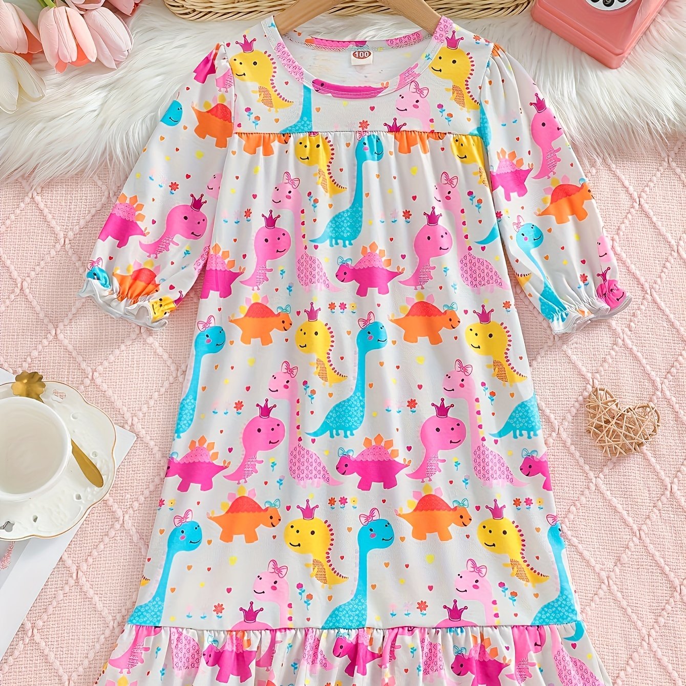 Toddler Girls Cartoon Dinosaur Full Print Half Sleeve Round - Temu ...