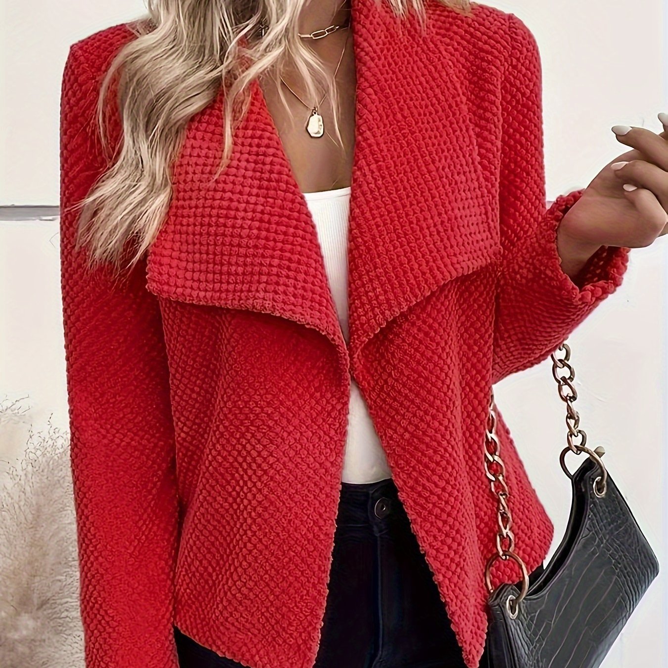 elegant open front solid cardigan long sleeve lapel cardigan - Temu