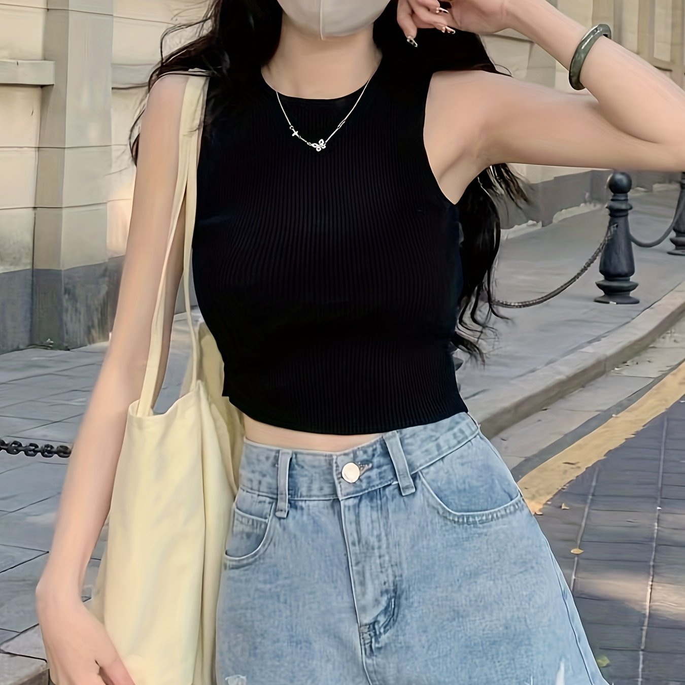 Ribbed Sleeveless Top Elegant Solid Crew Neck - Temu