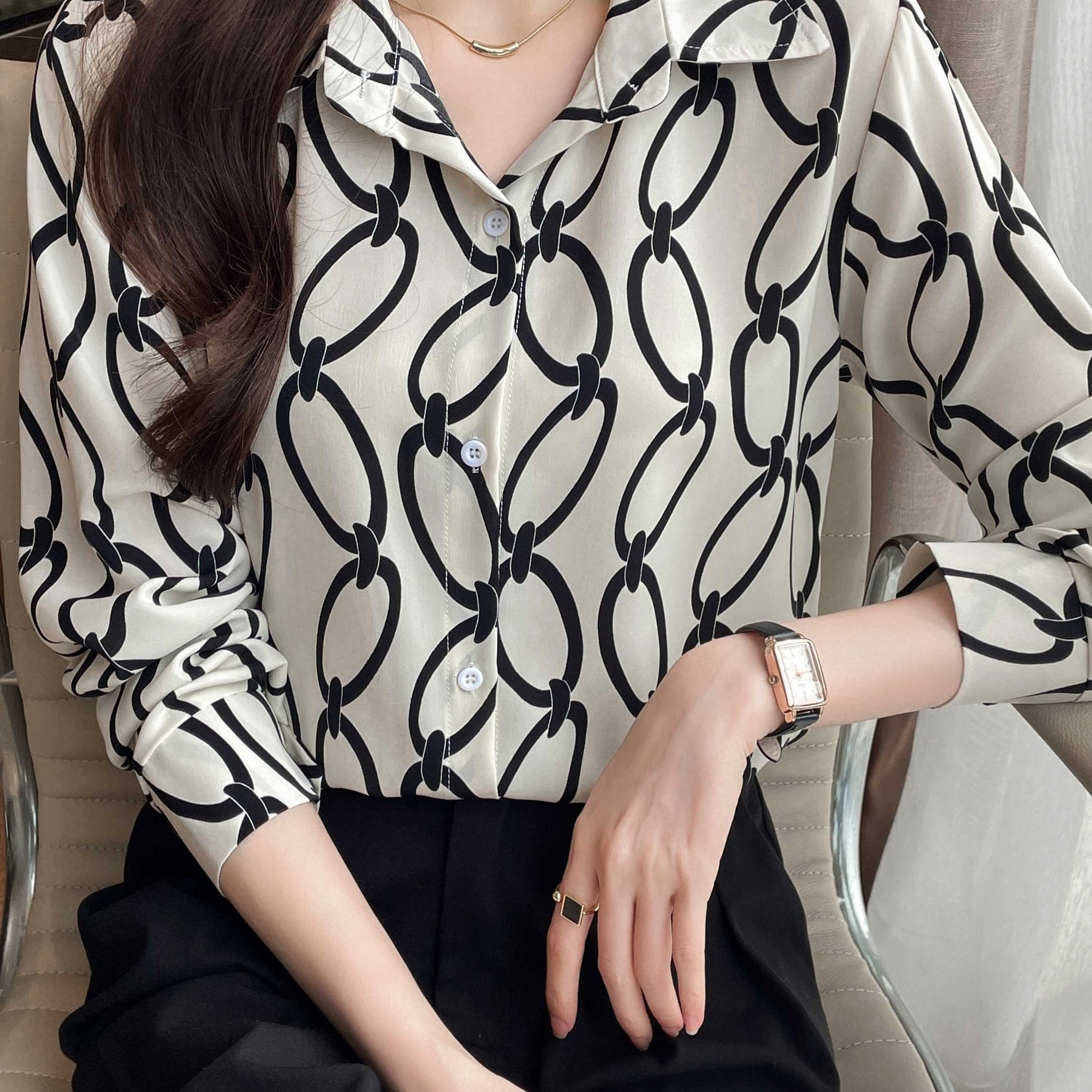 Allover Print Button Front Shirt Elegant Long Sleeve Lapel - Temu ...