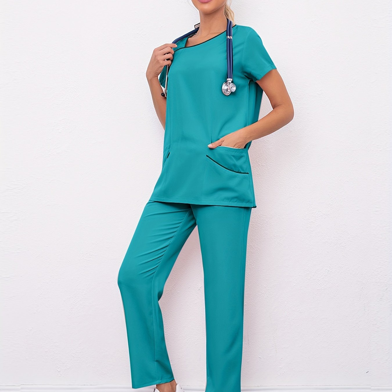 Simple Two piece Set Short Sleeve Scrub T shirt Pants - Temu
