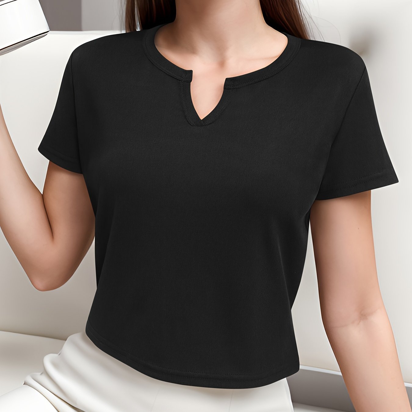 Casual Solid Lounge Tops Short Sleeve Notched Neck Crop Top - Temu ...