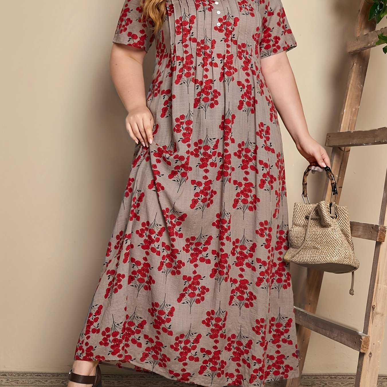 Floral Print Pintuck Dress Plus Size Casual V Neck Short - Temu Australia