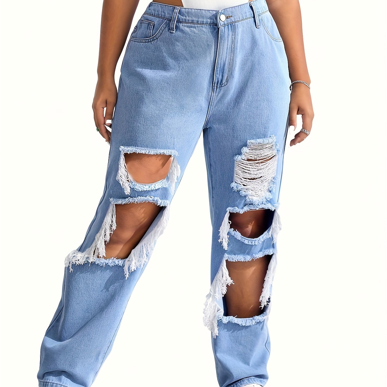 Women's Streetwear Jeans Plus Size Ripped Distressed Zipper - Temu ...
