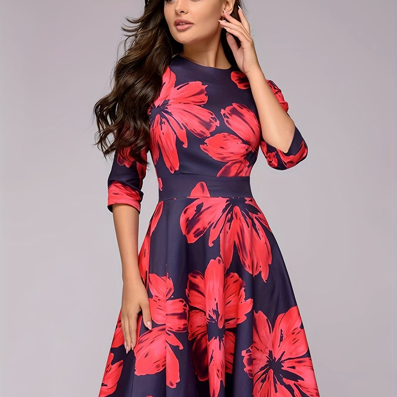 Floral Print Crew Neck Dress Vintage Half Sleeve Dress - Temu Australia