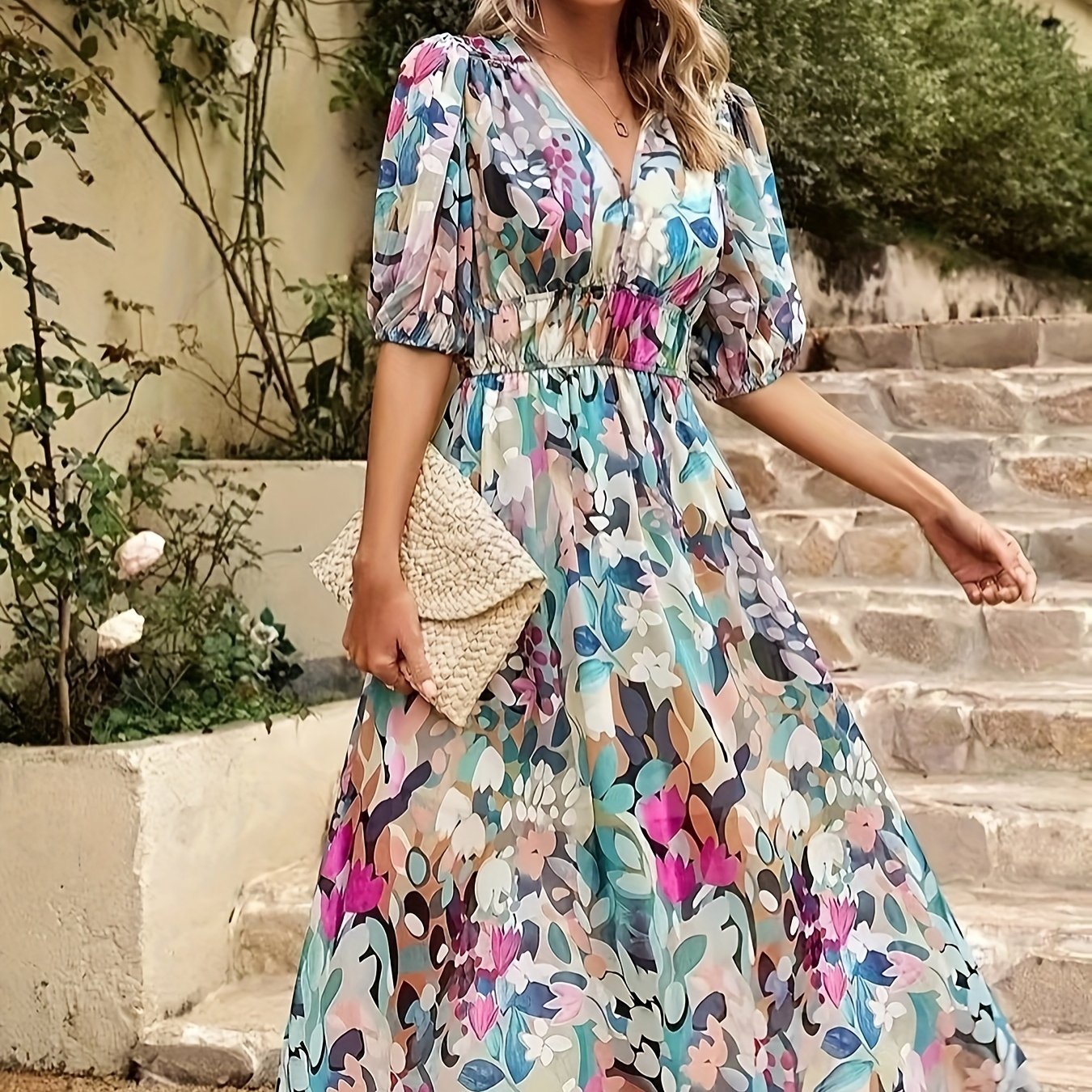 Robe À Col À Imprimé Floral Robe À Taille Froncée À - Temu France