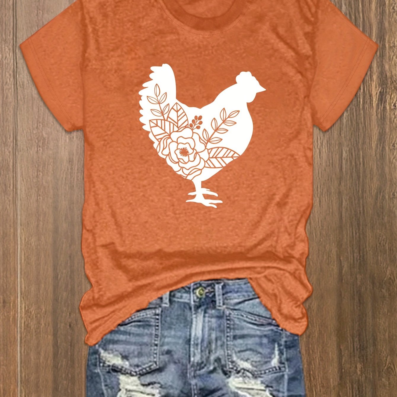 Floral Chicken Print T shirt Short Sleeve Crew Neck Casual - Temu Canada