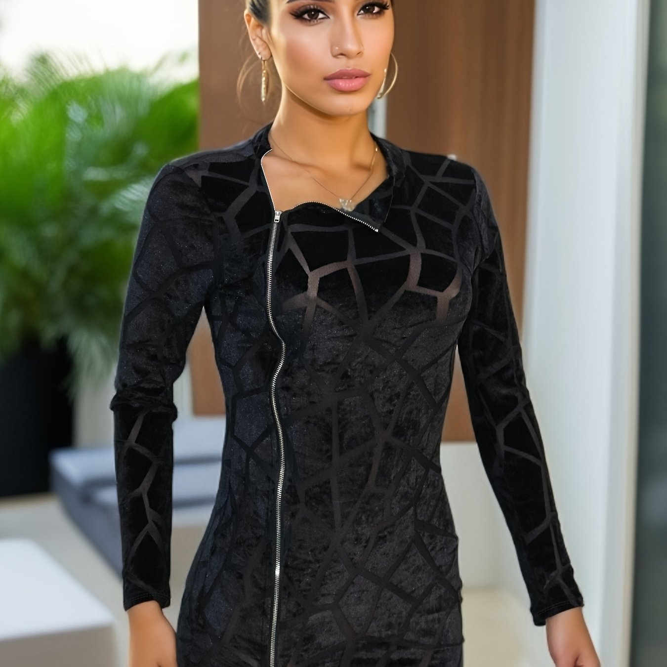 Side Zipper Bodycon Dress, Sexy Geometric Print Long Sleeve Crew Neck ...