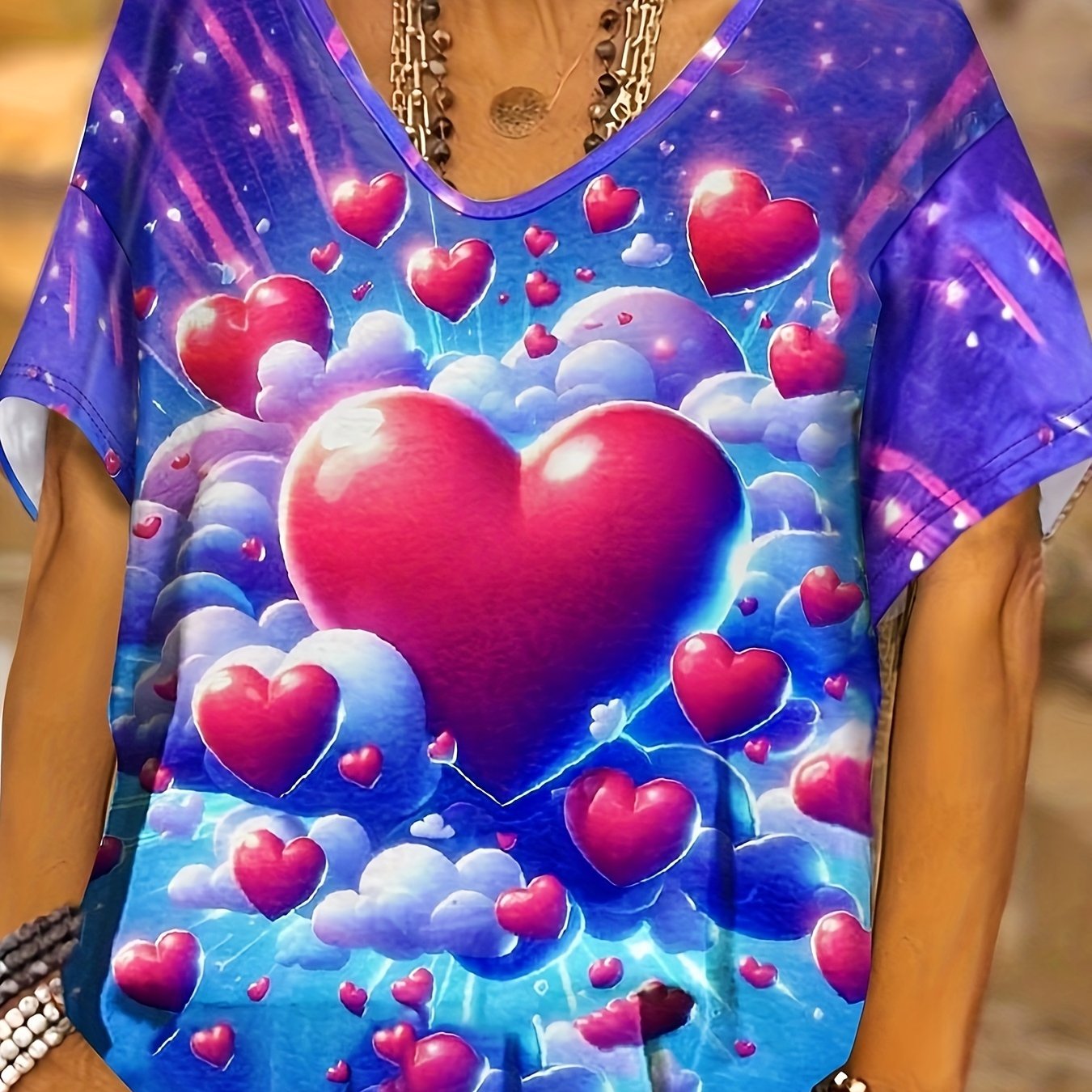 Plus Size Heart Print T shirt Casual Crew Neck Short Sleeve - Temu Portugal