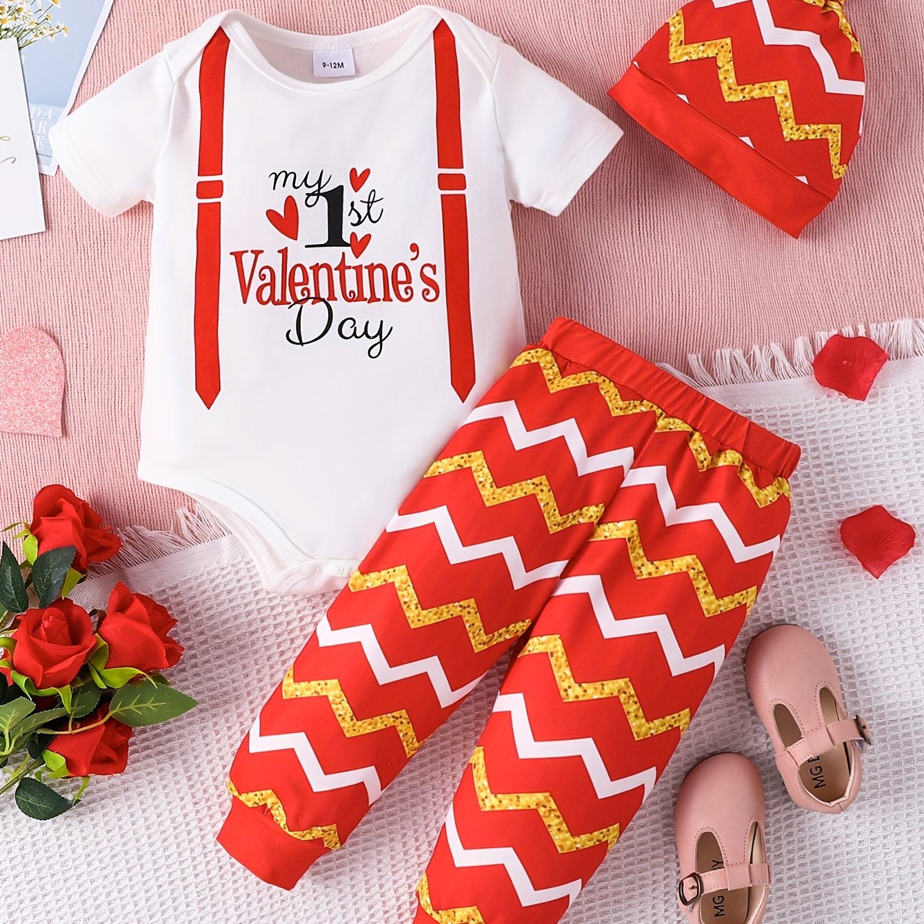 Baby's " 1st Valentine's Day" Print Onesie Set Bodysuit Wave - Temu ...