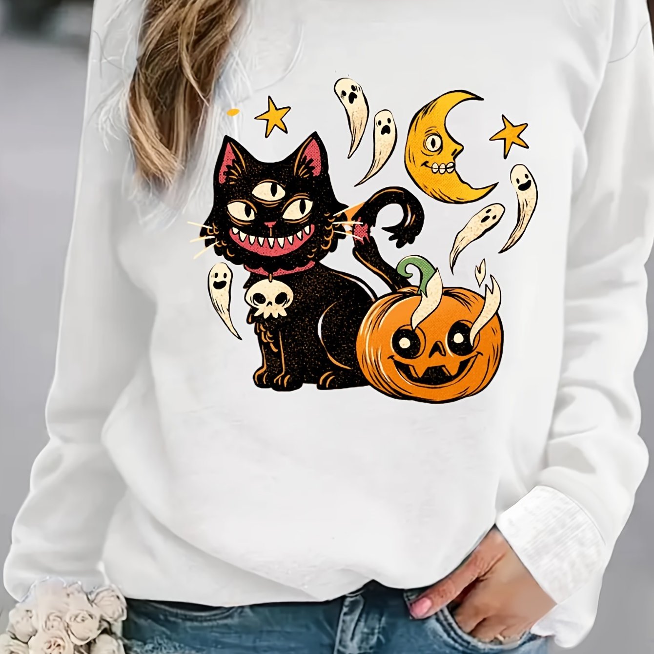 Halloween Black Cat Print Sweatshirt Casual Long Sleeve Crew - Temu Australia