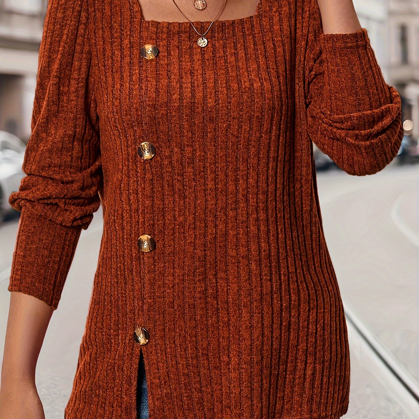 Ribbed Knit Square Neck Blouse Button Long Sleeve Blouse - Temu United ...