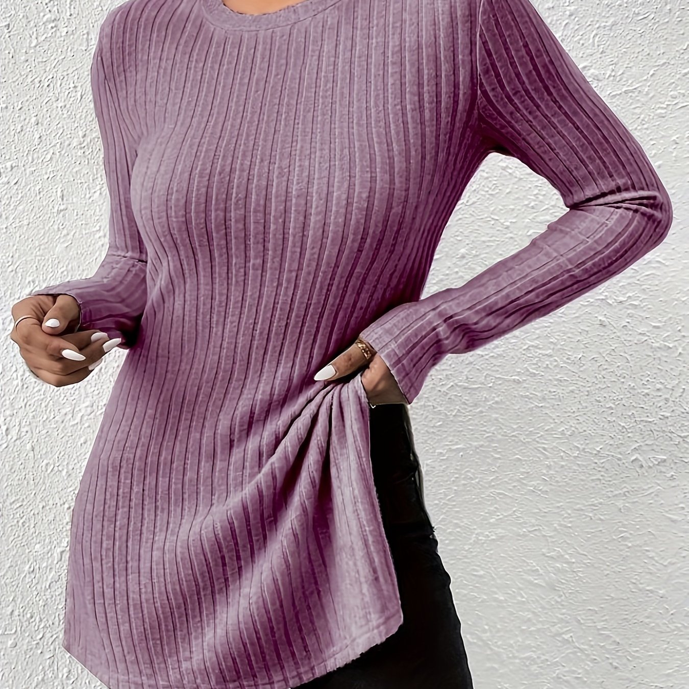 Ribbed Knit Crew Neck Split Hem T shirt Casual Long Sleeve T - Temu New ...
