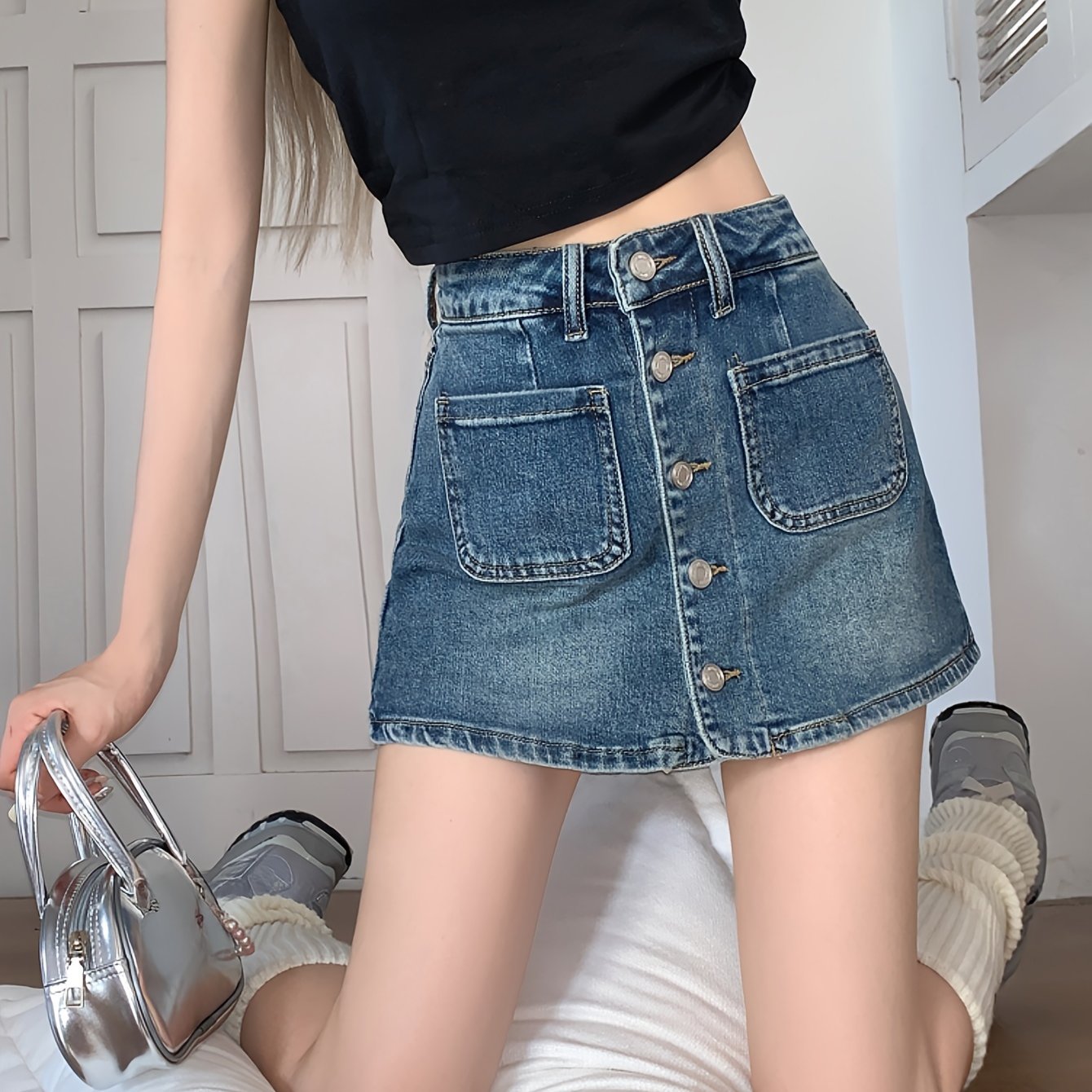 Single breasted High Denim Skorts Plain Washed Blue - Temu Canada