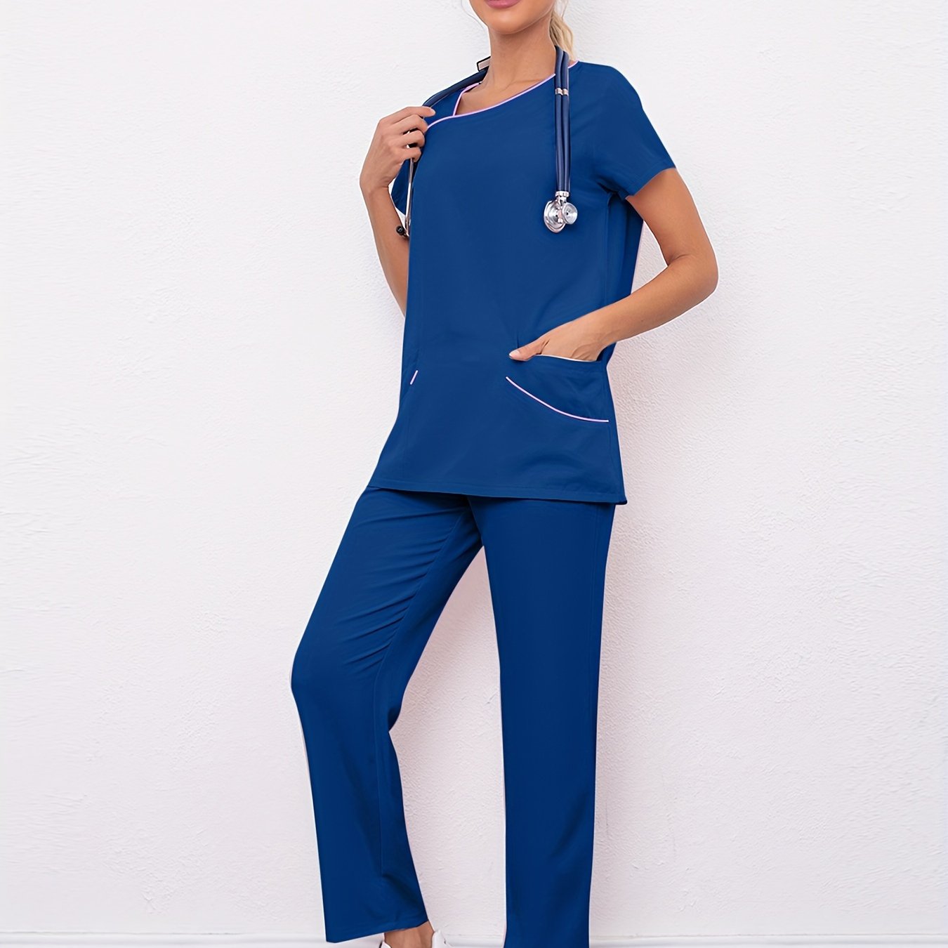 Simple Two piece Set Short Sleeve Scrub T shirt Pants - Temu