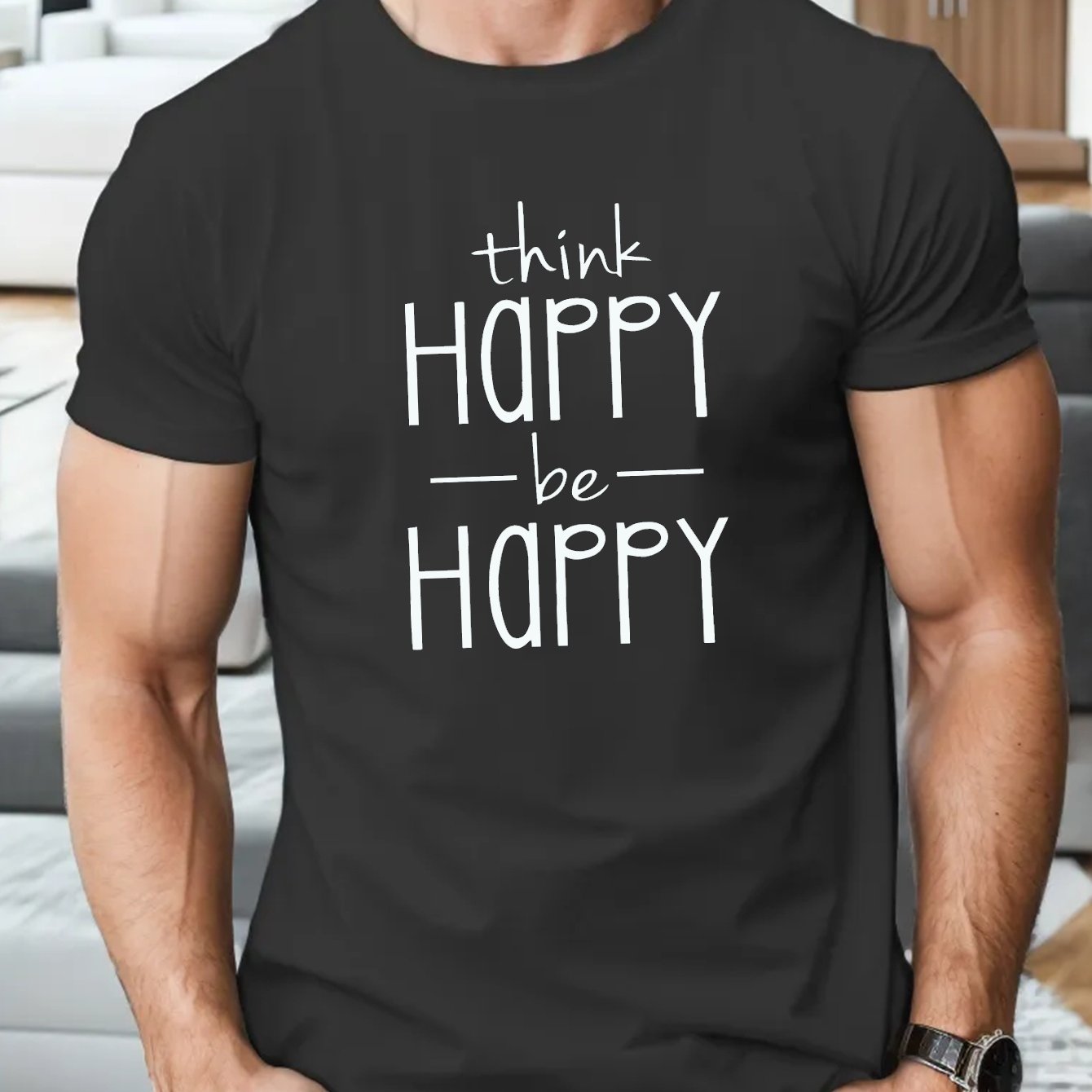 "think Happy Happy" Print Crew Neck T shirt Men Casual Short - Temu ...