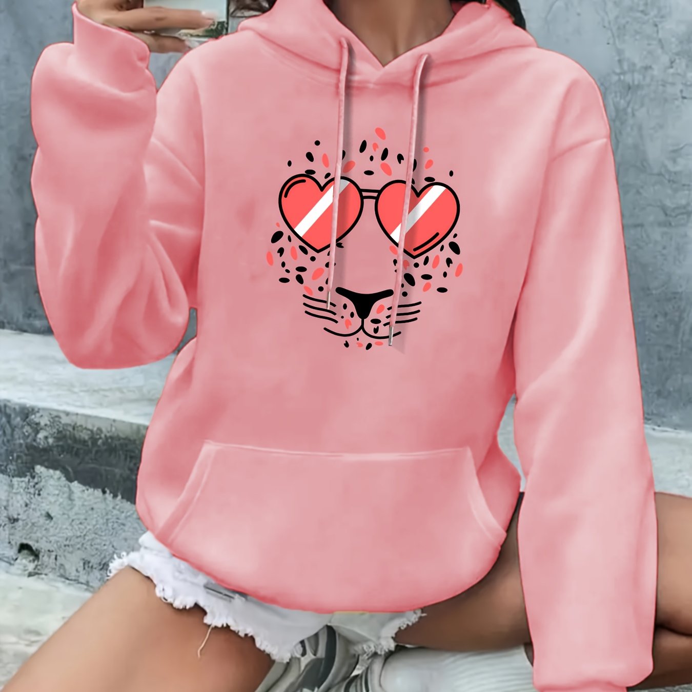 Leopard Print Floral Glasses Hooded Sweatshirt Drawstring - Temu United Kingdom