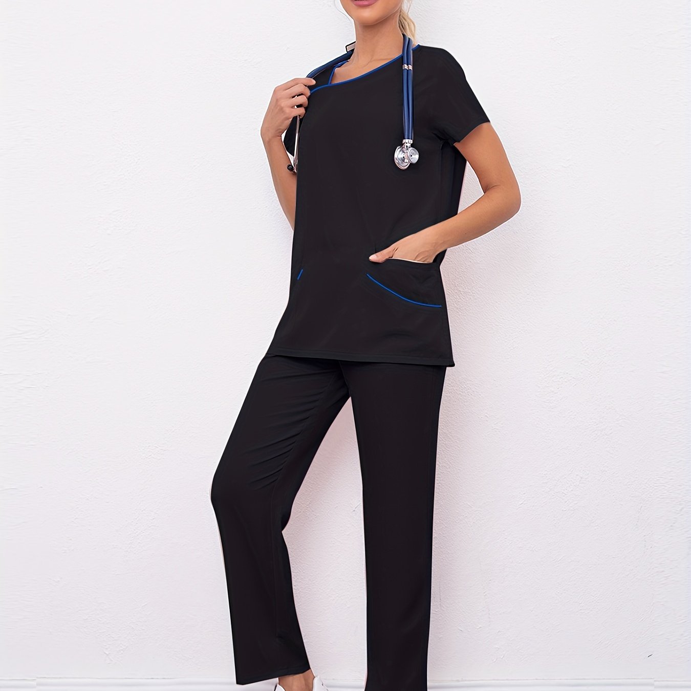 Simple Two piece Set Short Sleeve Scrub T shirt Pants - Temu