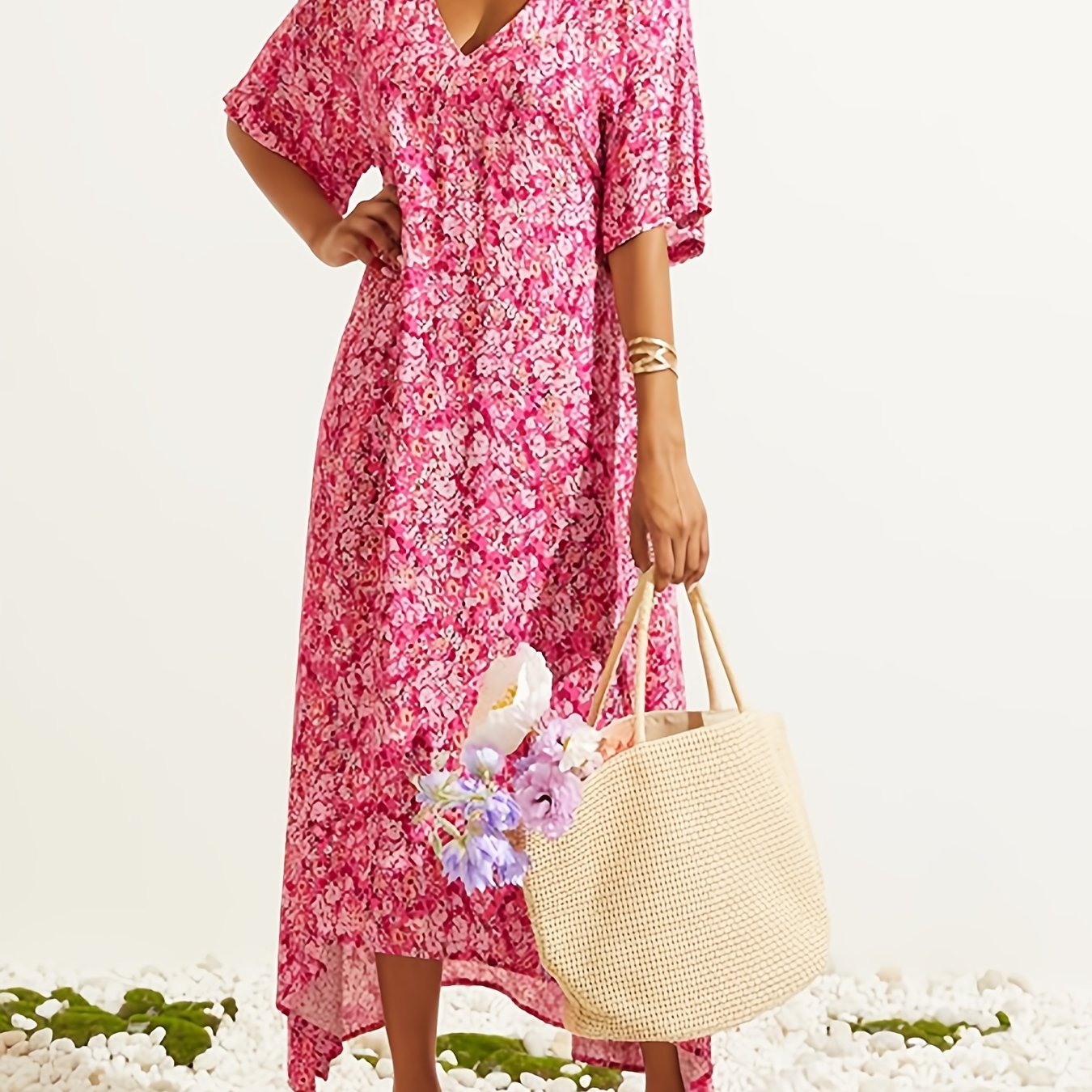 Floral Print Loose Dress Elegant V Neck Short Sleeve Dress - Temu ...